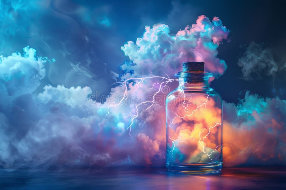Bottle with Clouds and Lightning, Glass Jar with Colored Clouds Stock ...