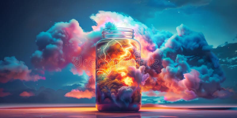 Bottle with Clouds and Lightning, Glass Jar with Colored Clouds Stock ...
