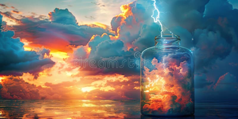 Bottle with Clouds and Lightning, Glass Jar with Colored Clouds Stock ...
