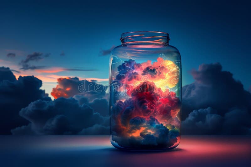 Bottle with Clouds and Lightning, Glass Jar with Colored Clouds Stock ...
