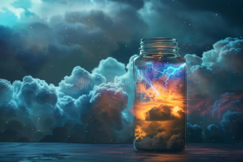 Bottle with Clouds and Lightning, Glass Jar with Colored Clouds Stock ...