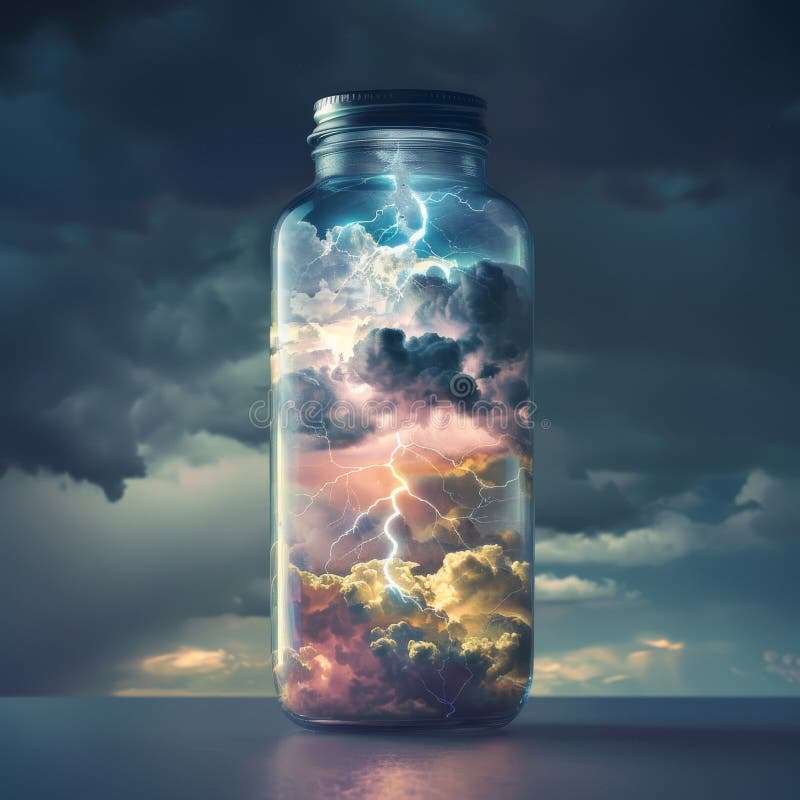 Bottle with Clouds and Lightning, Glass Jar with Colored Clouds Stock ...