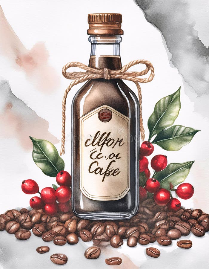 A Bottle of Coffee Liqueur Tied with a String, Surrounded by Coffee ...