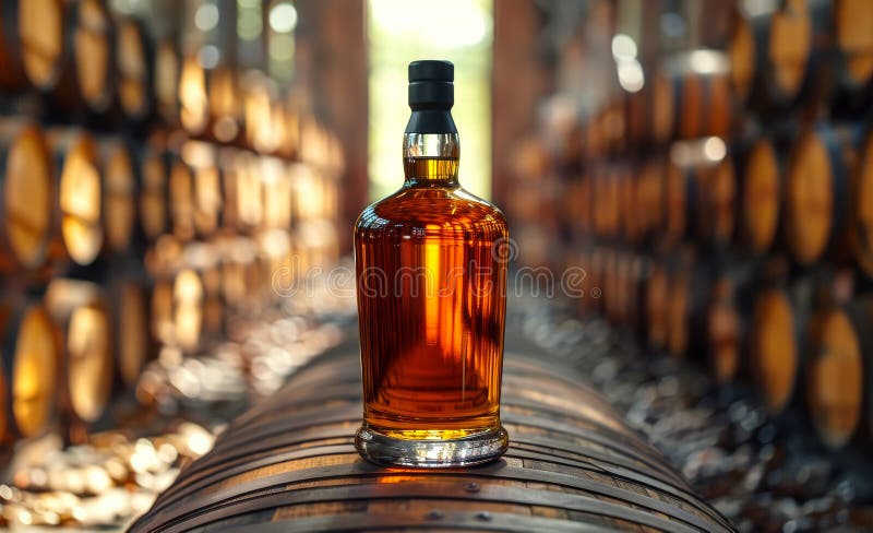 Bottle of Cognac on the Background of Oak Barrels in the Cellar of the ...