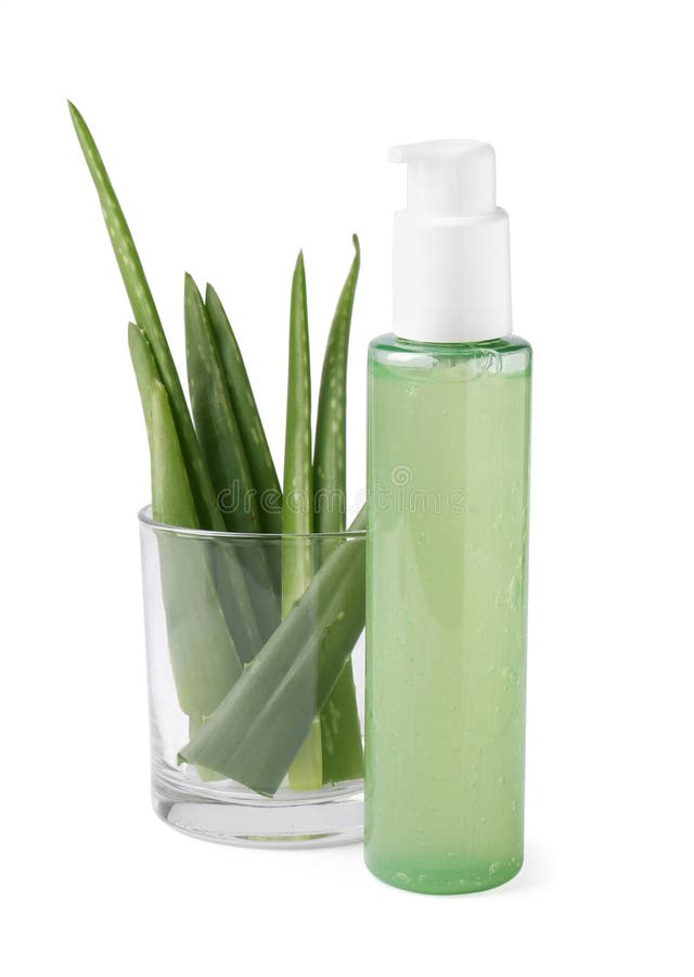 Jar of Cosmetic Gel and Cut Aloe Vera Leaves on White Wooden Table ...