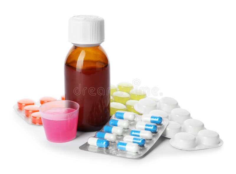 Bottle of Cough Syrup and Different Pills Stock Image - Image of ...