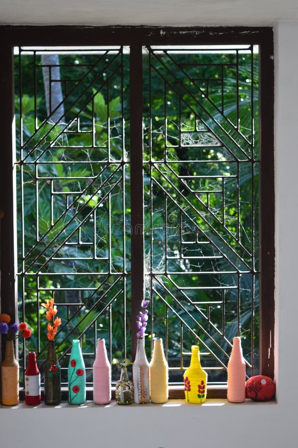 Bottle Craft Decorated Bottles on the Window Stock Image - Image of ...