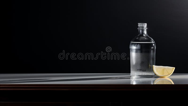 Unsettling Emptiness: Bottle of Water and Lemon on Black Table Stock ...
