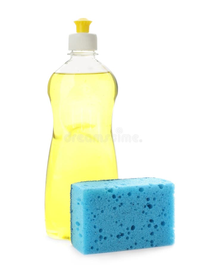 Bottle of Detergent and Cleaning Sponge on White Background Stock Image ...