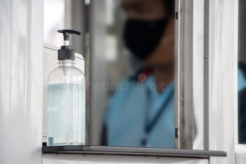 The Bottle of Disinfectant Stands on the Counter at the Operator Stock ...