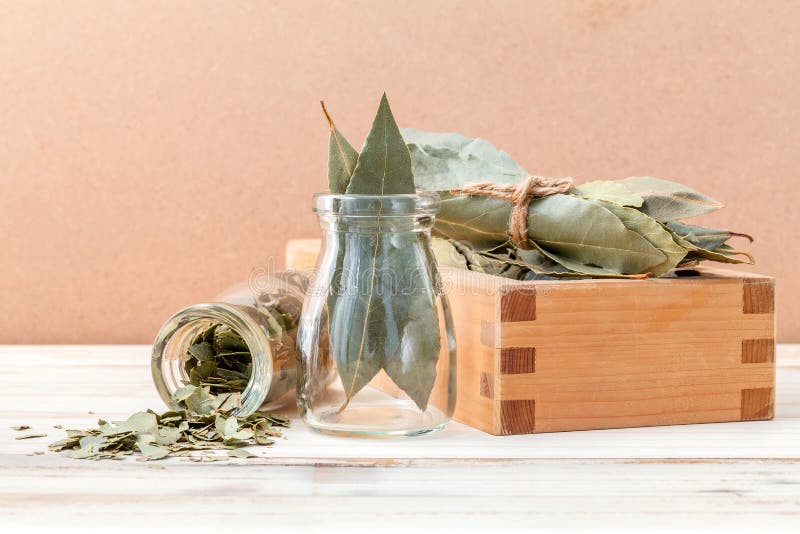 Bottle of Dried Bay Leaves and Wooden Box with Selective Focus O Stock ...