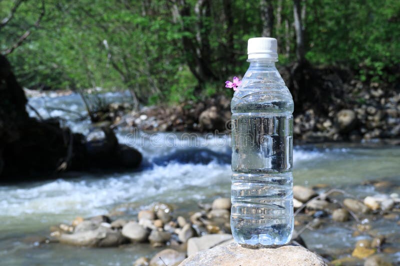 A Bottle of Drinking Water on a Clean Mountain Stream Stock Photo ...