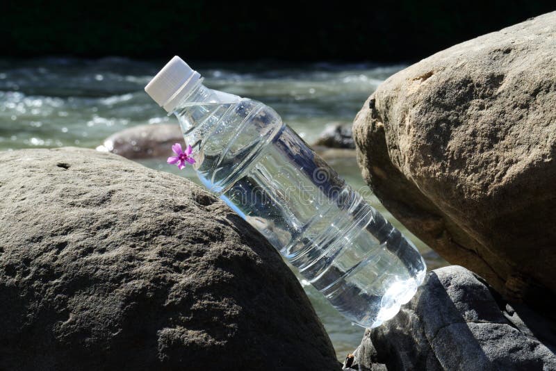 A Bottle of Drinking Water on a Clean Mountain Stream Stock Photo ...