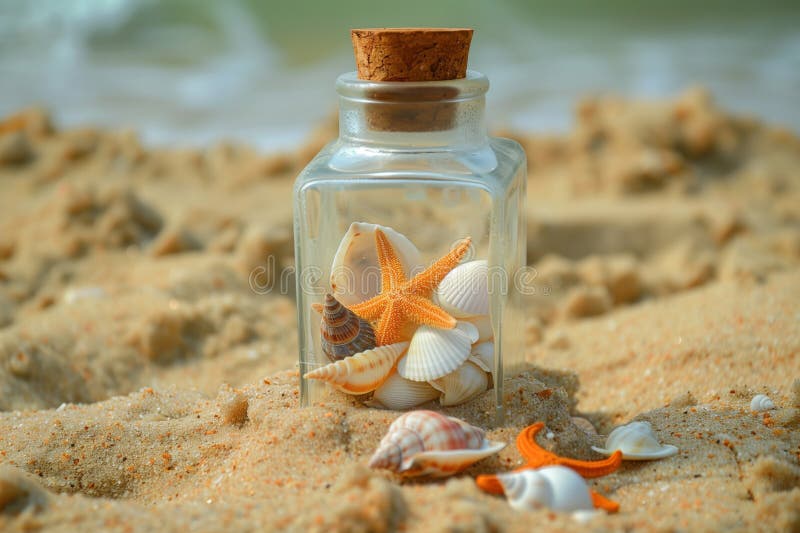 Bottle Encapsulating a Beach with Shells and Starfish Inside, on Sand ...