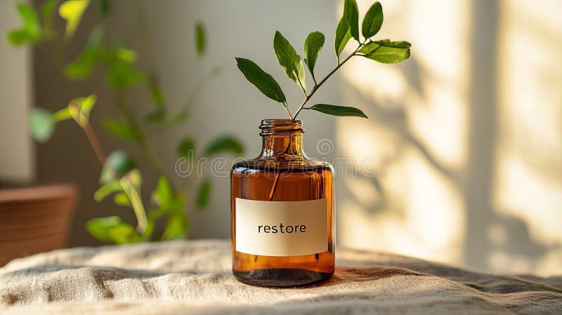 Essential Oil Bottle with Plant and Restorative Label Design Stock ...
