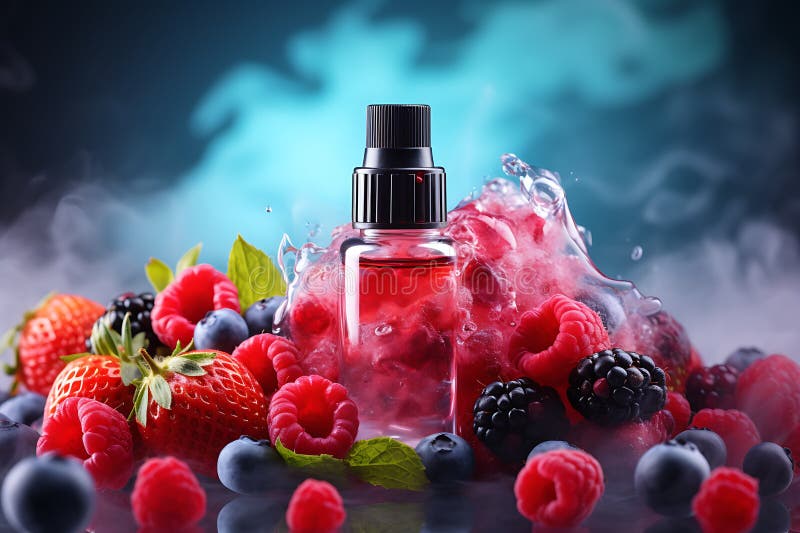 Bottle of Essential Oil with Fresh Berries and Smoke on Black ...