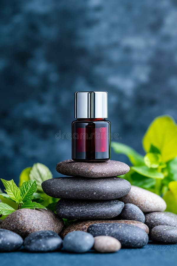 A Bottle of Essential Oil Sitting on Top of a Pile of Rocks Stock Photo ...