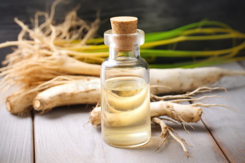 A Bottle of Essential Oils Extracted from Maca Roots Stock Illustration ...