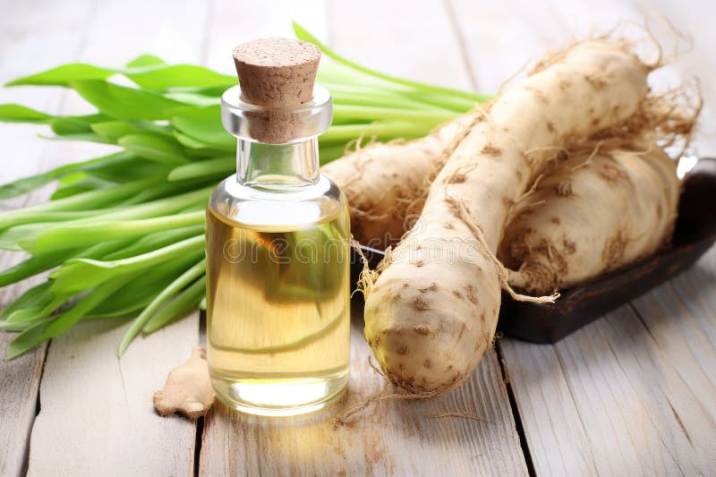 A Bottle of Essential Oils Extracted from Maca Roots Stock Image ...