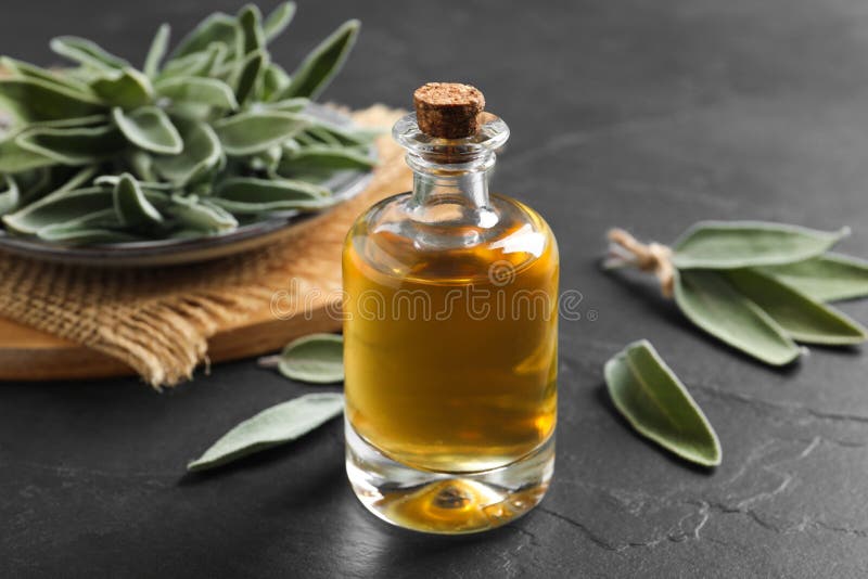 Bottle of Essential Sage Oil and Leaves on Black Table Stock Photo ...