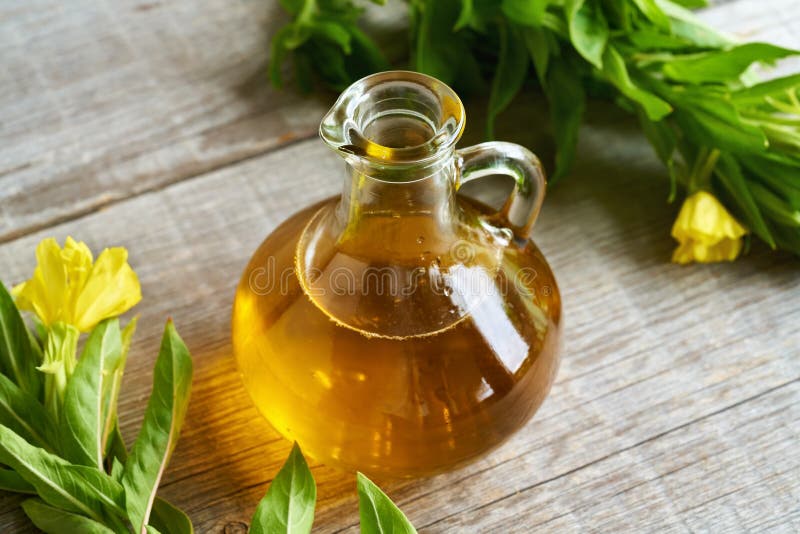 A Bottle of Evening Primrose Oil with Fresh Blooming Evening Primrose ...