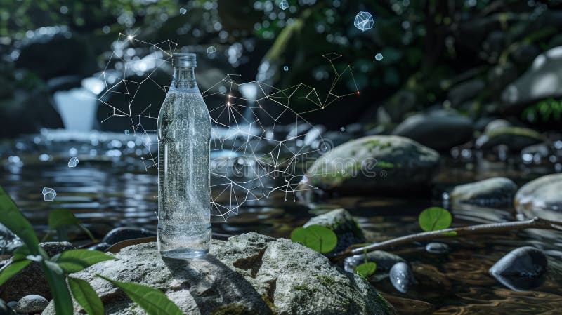 Water Bottle with Molecular Structure Around Resting on Rock by Stream ...