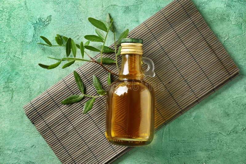 Bottle of Fresh Olive Oil on Color Table Stock Image - Image of glass ...