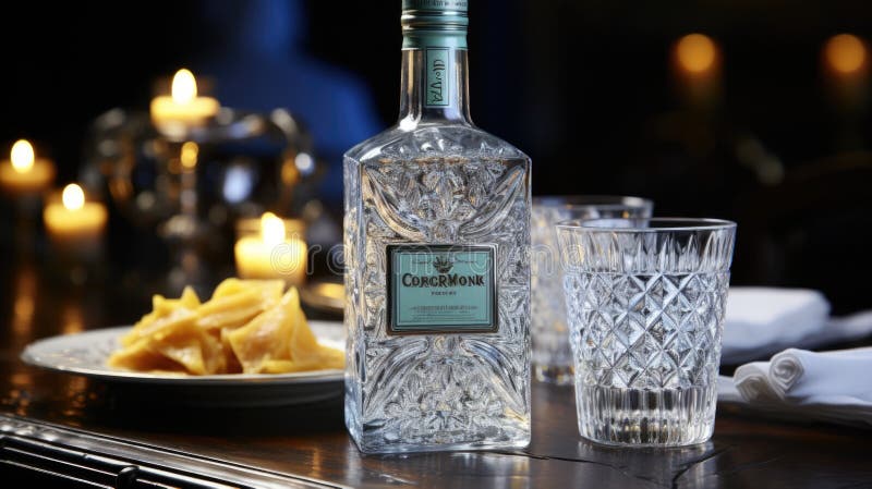 A Bottle of Gin Sits Next To a Plate of Chips. Generative AI Image ...