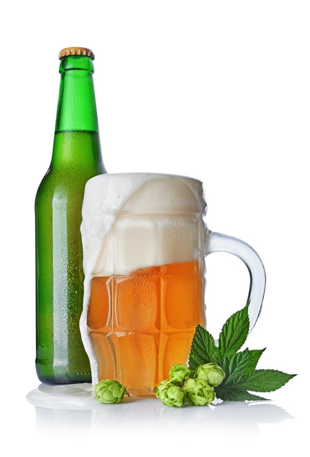 Bottle and Glass of Cold Light Beer with Foam and Green Hops Stock ...