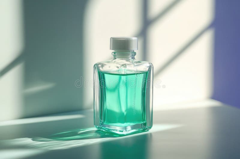 A Bottle of Green Liquid Sits on a Table Stock Image - Image of ...