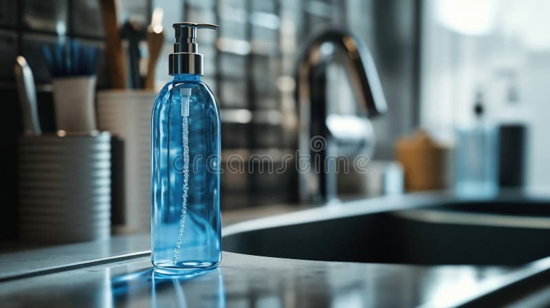 A Bottle of Hand Sanitizer Sits on a Kitchen Counter by a Sink Stock ...