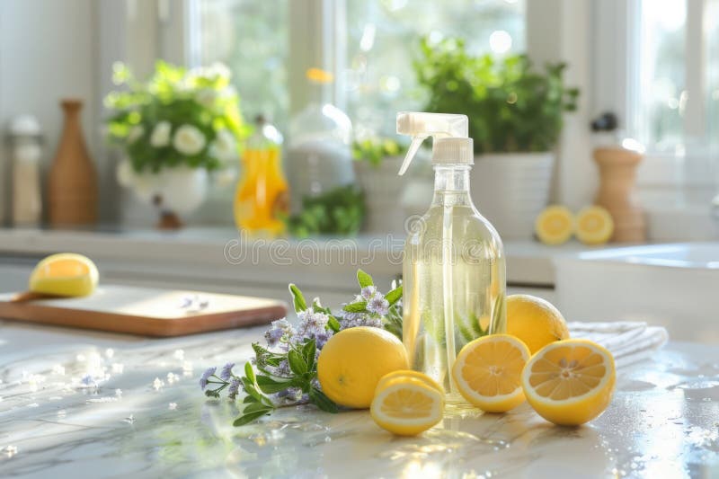 Bottle of Homemade Lemon Cleaner on the Table in Kitchen. Generative AI ...