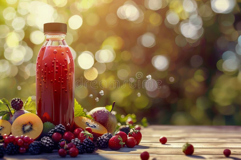 A Bottle of Juice with Fruit and Berries on a Wooden Table Stock Photo ...