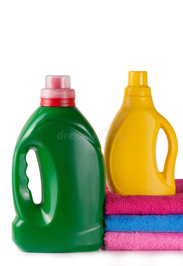 Bottle Laundry Detergent and Conditioner with Towels Isolated on White ...