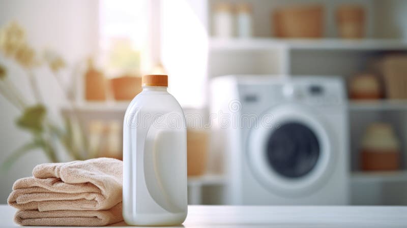 A Bottle of Laundry Detergent and Towels on a Table, AI Stock ...