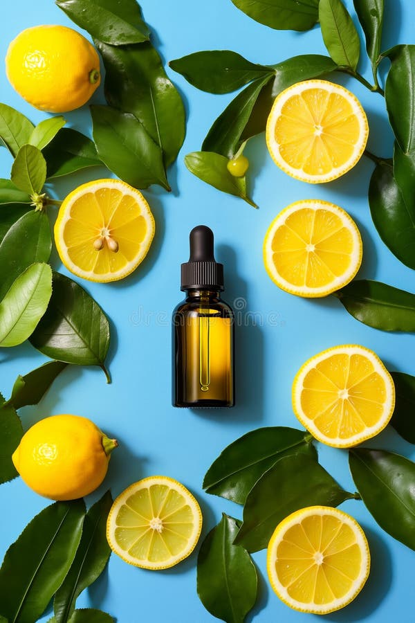 A Bottle of Lemon Essential Oil Surrounded by Lemons and Leaves Stock ...
