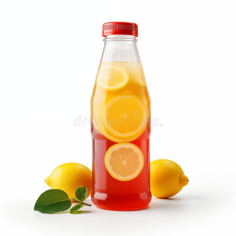 Bottle of Lemon Iced Tea with Lemon Slices on a White Background Stock ...