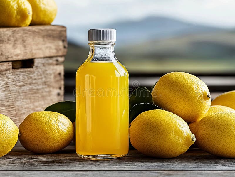 A Bottle of Lemon Juice Next To a Bunch of Lemons Stock Photo - Image ...