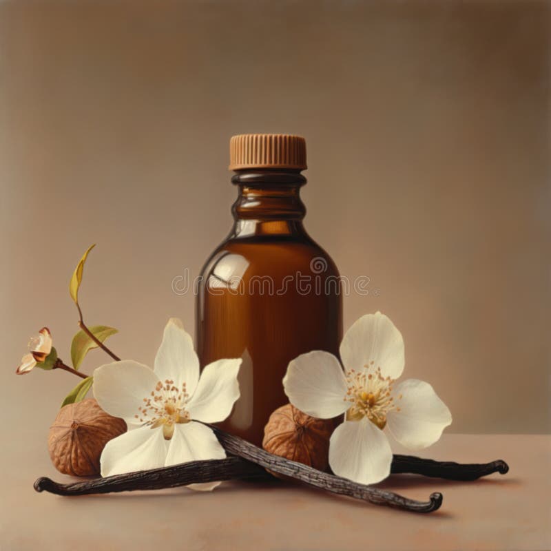 Bottle on Light Brown Odoriferous Background, Vanilla Flowers and ...