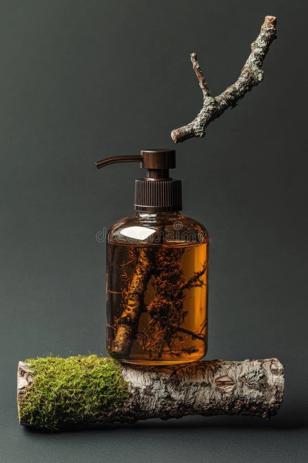 A Bottle of Lotion is Sitting on a Log with Moss Growing on it Stock ...