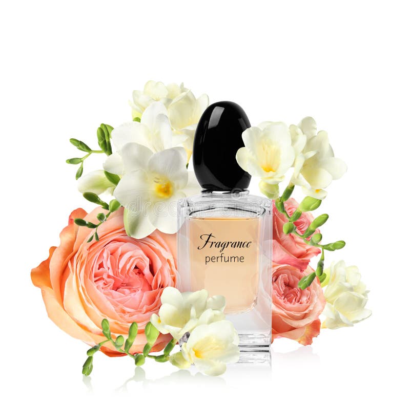 Bottle of Luxury Perfume and Beautiful Flowers on White Background ...