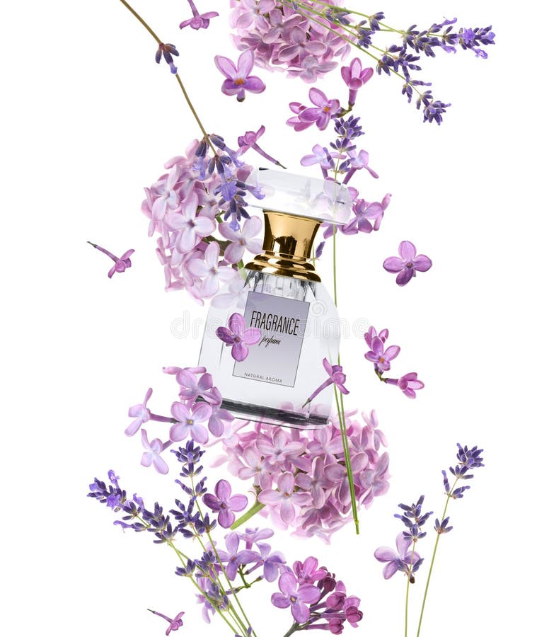 Bottle of Luxury Perfume and Beautiful Flowers on White Background ...