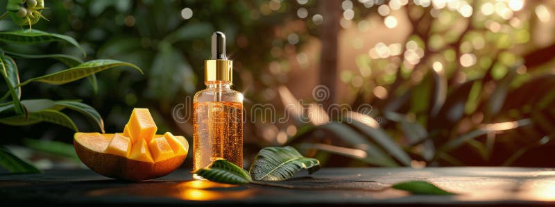 Bottle of Mango Oil and Slice of Mango on Wooden Table Stock Image ...