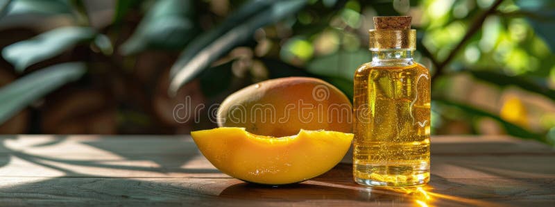Bottle of Mango Oil and Slice of Mango on Wooden Table Stock Photo ...