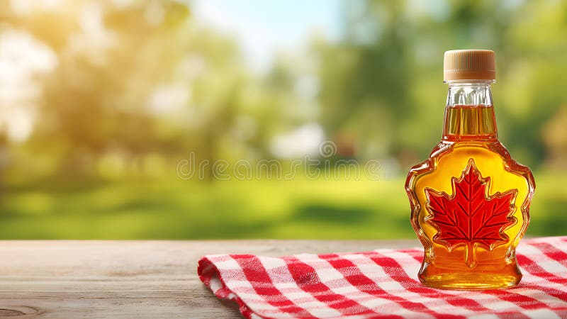 A Bottle of Maple Syrup with a Maple Leaf Design Sits on a Red and White Checkered Picnic ...