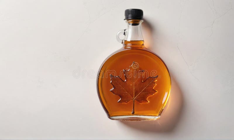 A Bottle of Maple Syrup with a Maple Leaf Inside Sits on a White ...