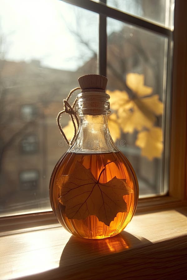 Maple Syrup Bottle Glowing in Natural Light on a Kitchen Windowsill ...