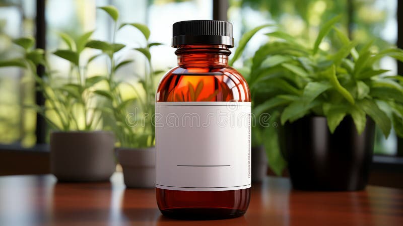 A Bottle of Medicine Sitting on a Table Next To a Potted Plant Stock ...