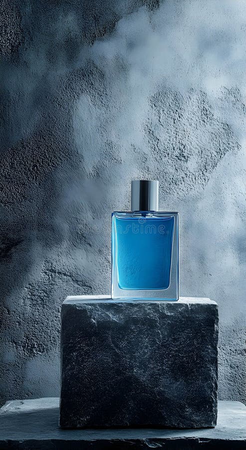 A Bottle of Men S Perfume in Blue on a Stone Podium Against a Gray Wall ...