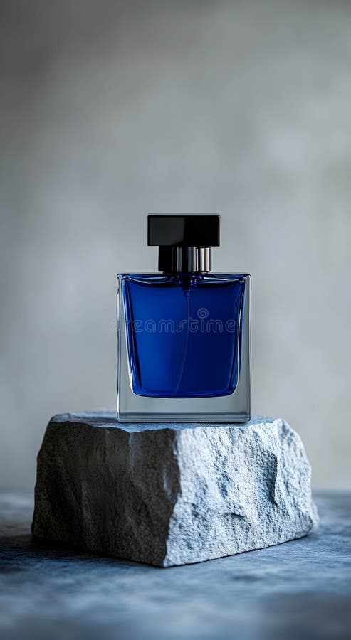 A Bottle of Men S Perfume in Blue on a Stone Podium Against a Gray Wall ...